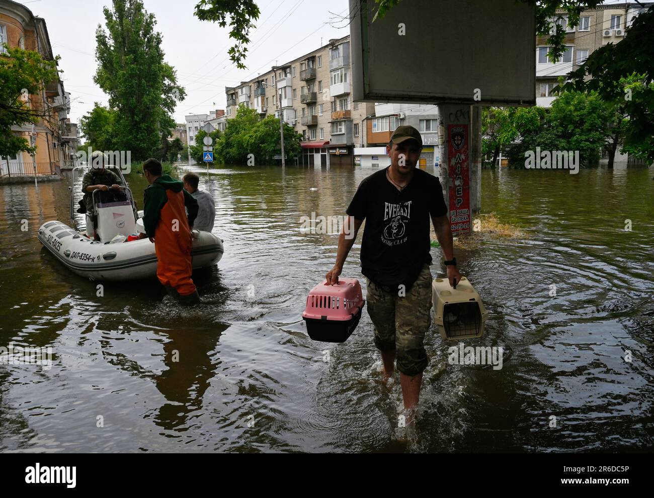 Kherson, Ukraine. 08th June, 2023. Volunteer carries rescued cats ...
