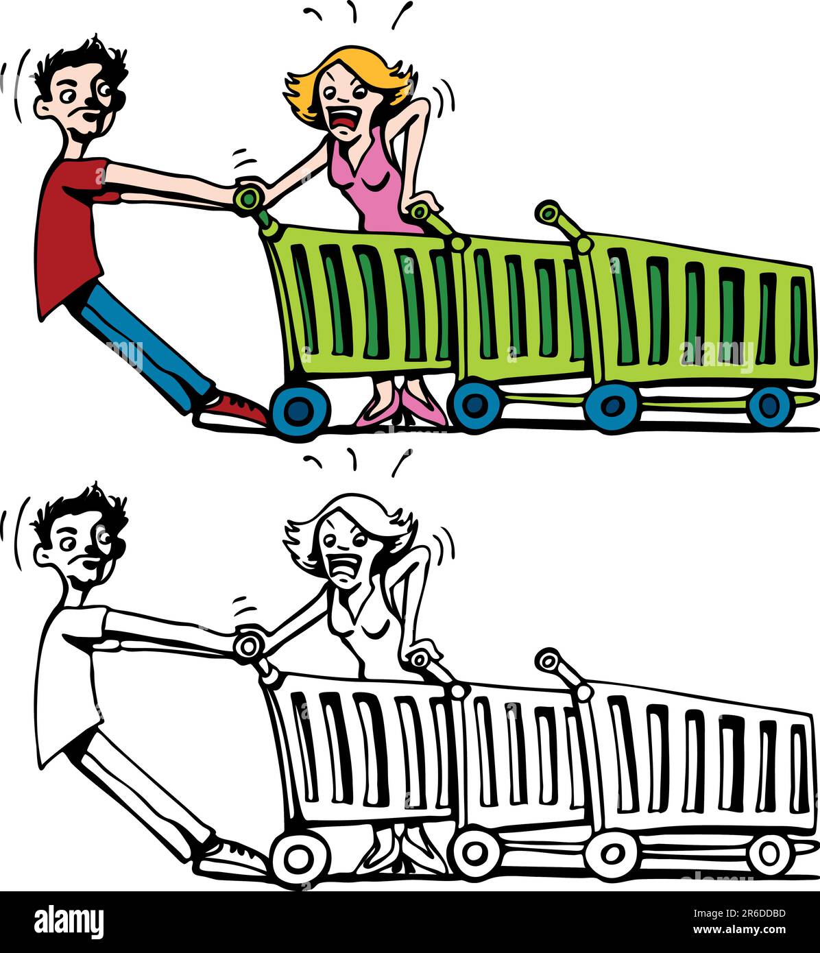 Cartoon image of two customers fighting over a shopping cart - both ...