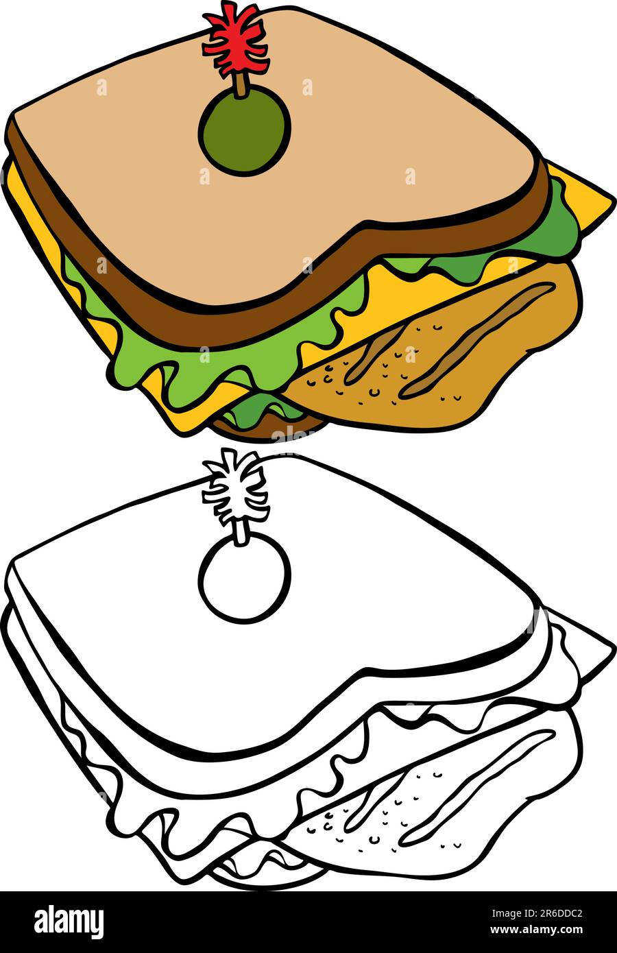 Cartoon image of a variety of a chicken sandwich - both color and black ...