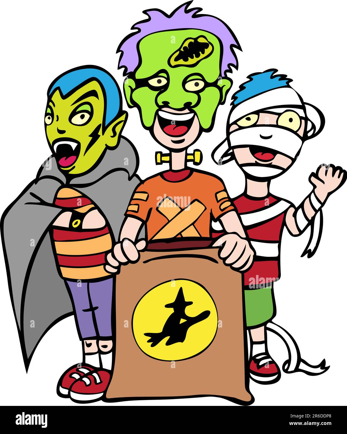 Three kids in costume dressed as a vampire, monster and mummy for ...