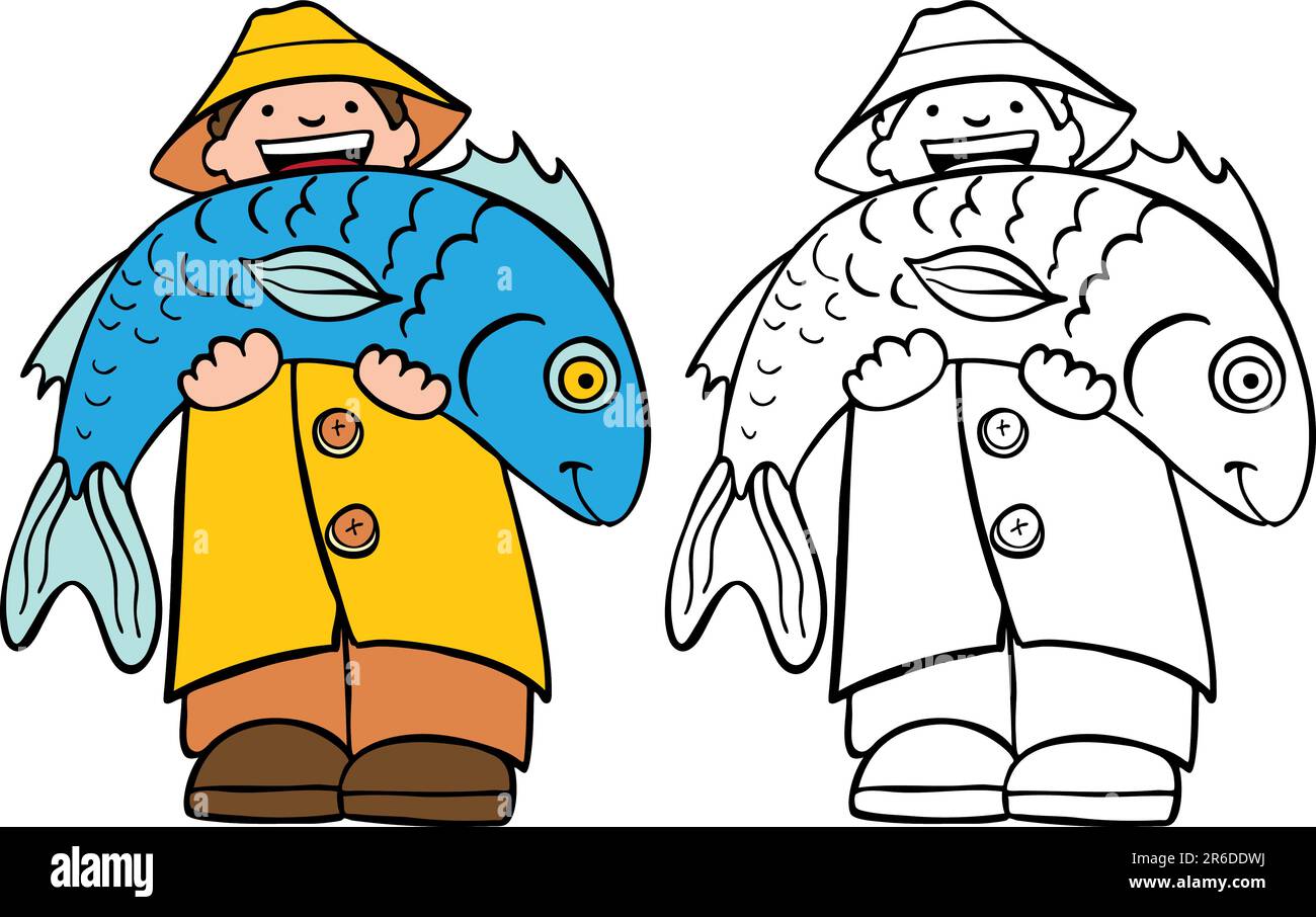 Cartoon image of a fisherman holding his catch of the day - both color ...