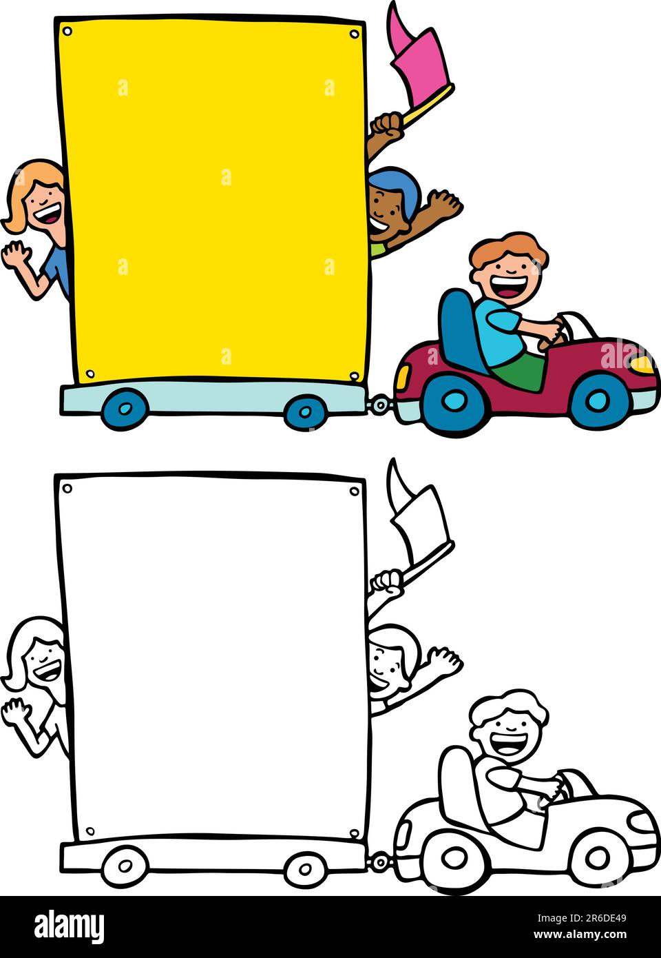 Cartoon image of happy people pulling a blank sign behind a vehicle ...