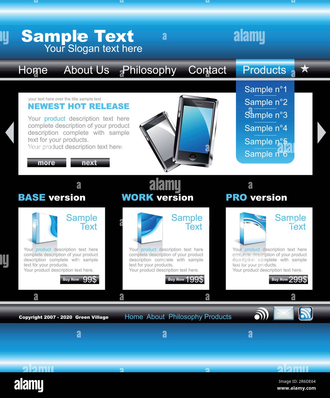 Blue Technology website template with software boxes and icons Stock ...