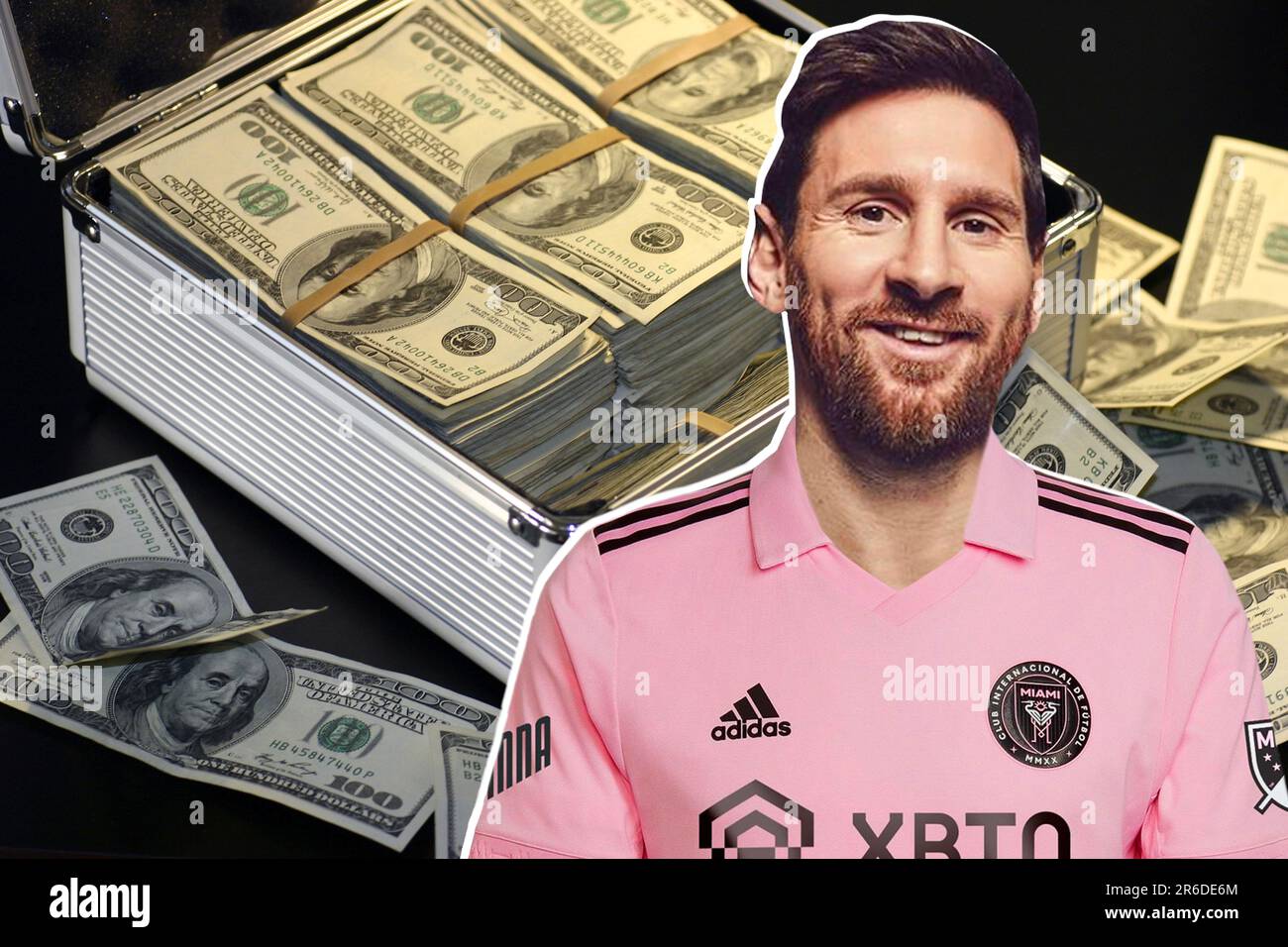 Lionel Messi with the Inter Miami jersey and cash dollar bills Stock ...