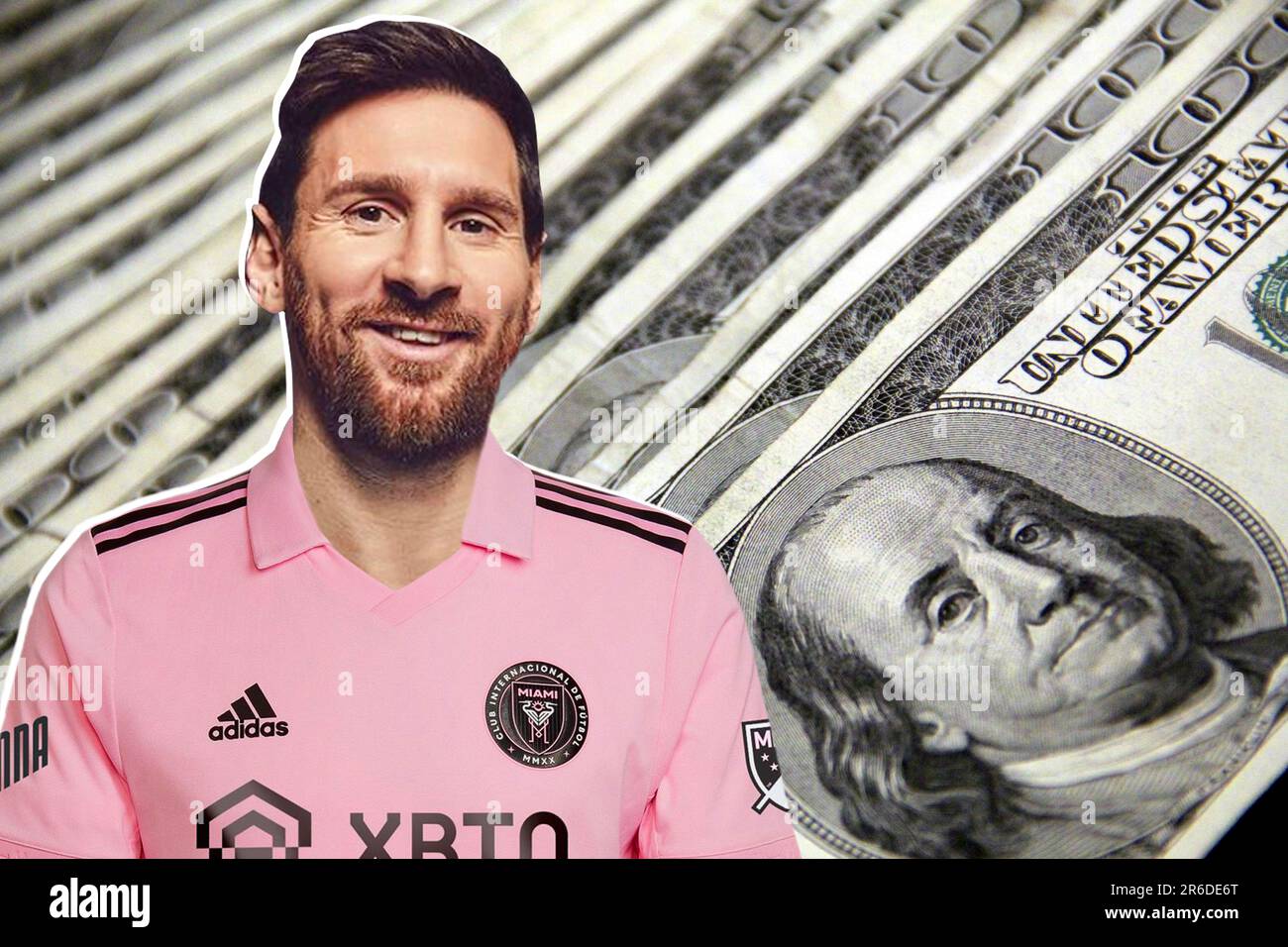 Lionel Messi with the Inter Miami jersey and cash dollar bills Stock ...