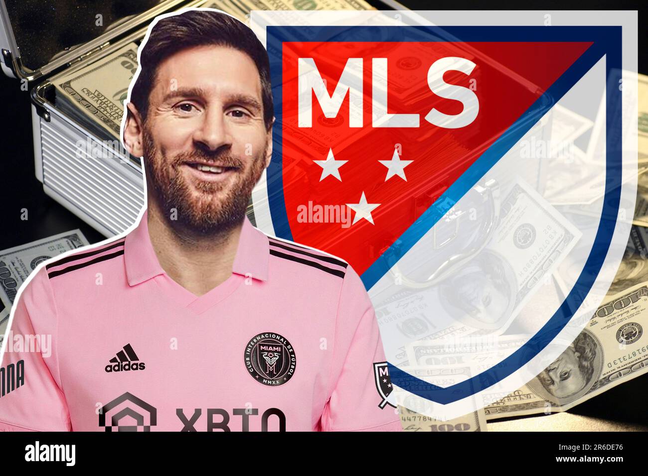 Lionel Messi with the Inter Miami jersey, the MLS shield and cash ...
