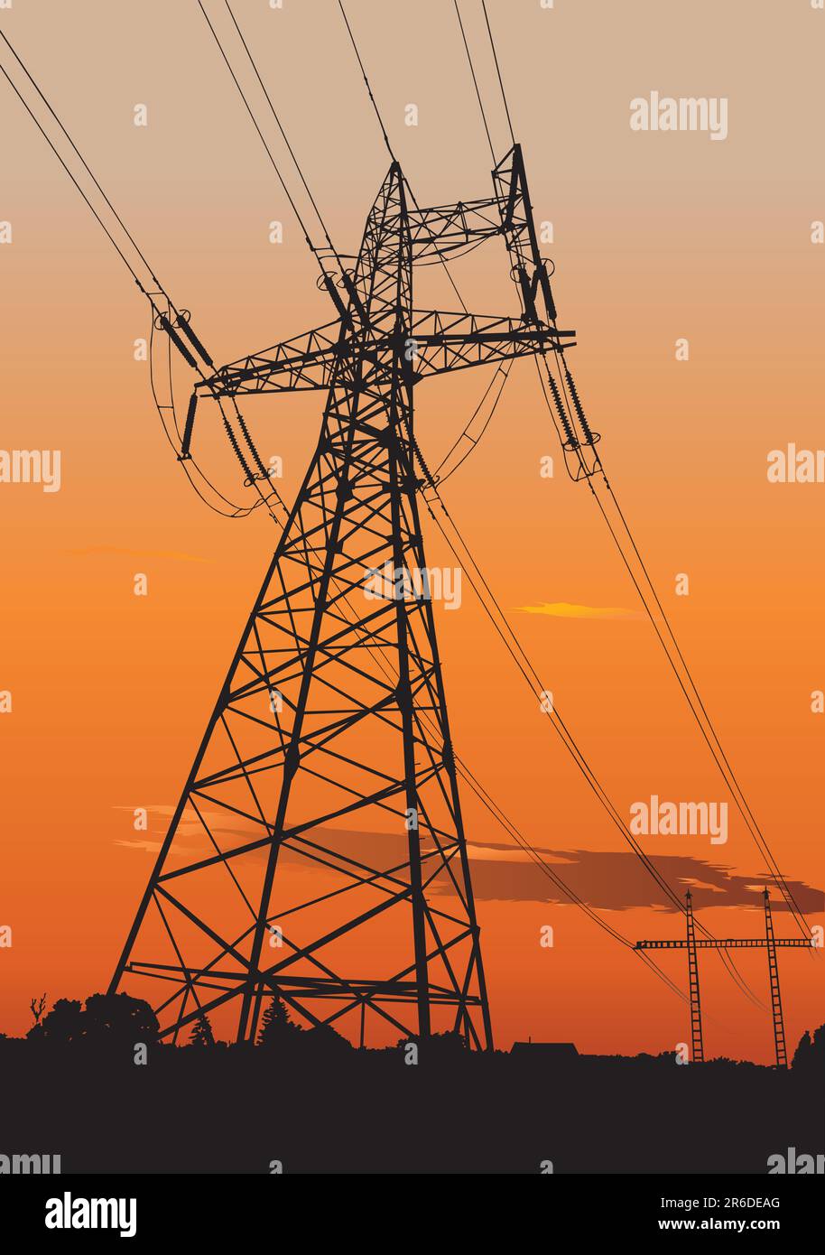 Vector silhouette of Power lines and electric pylons Stock Vector Image ...