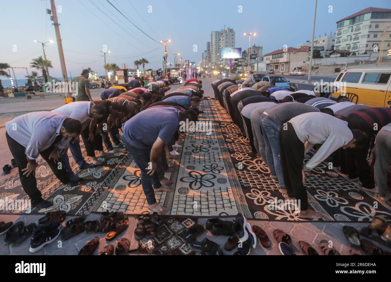 Gaza, Palestine. 08th June, 2023. Palestinian Muslims pray along a ...