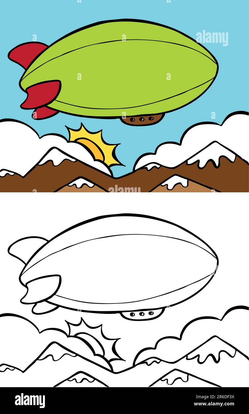 Cartoon image of a blimp flying overhead - both color and black / white ...