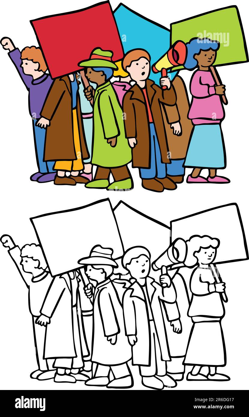 Cartoon image of a group of protesters - both color and black / white ...