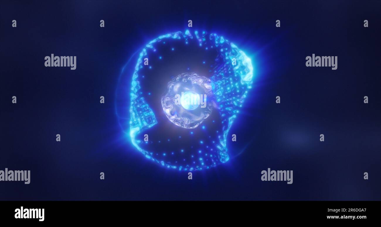 Abstract blue energy sphere with flying glowing bright particles ...