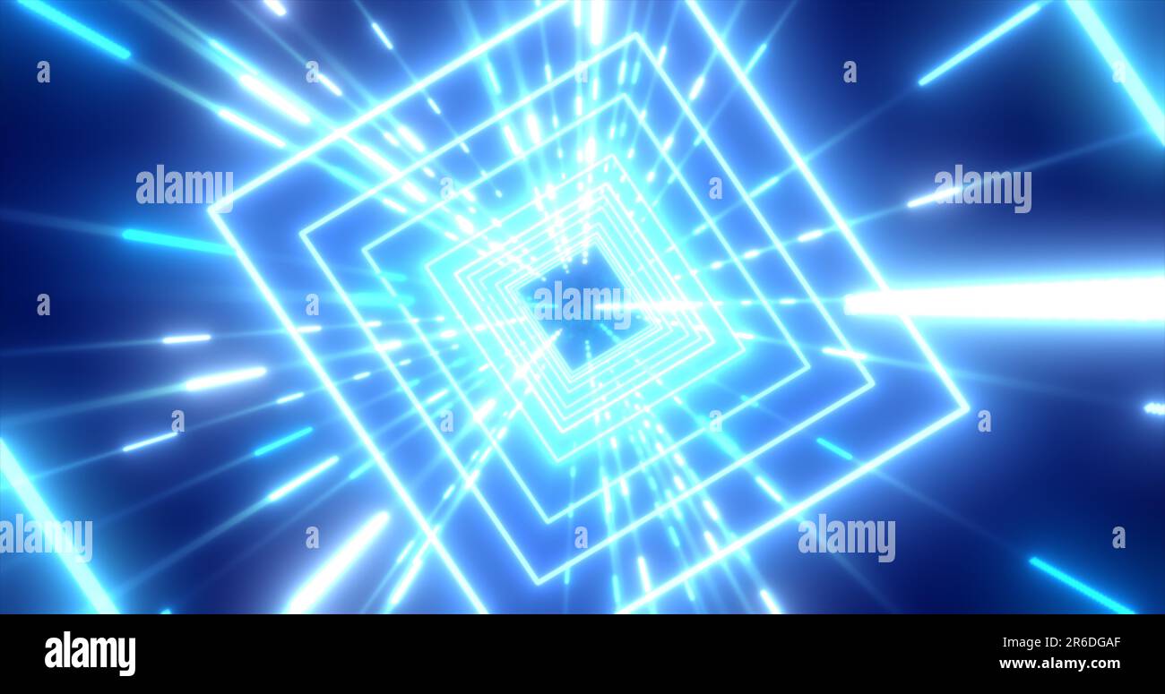 Abstract blue energy futuristic hi-tech square tunnel of flying lines ...