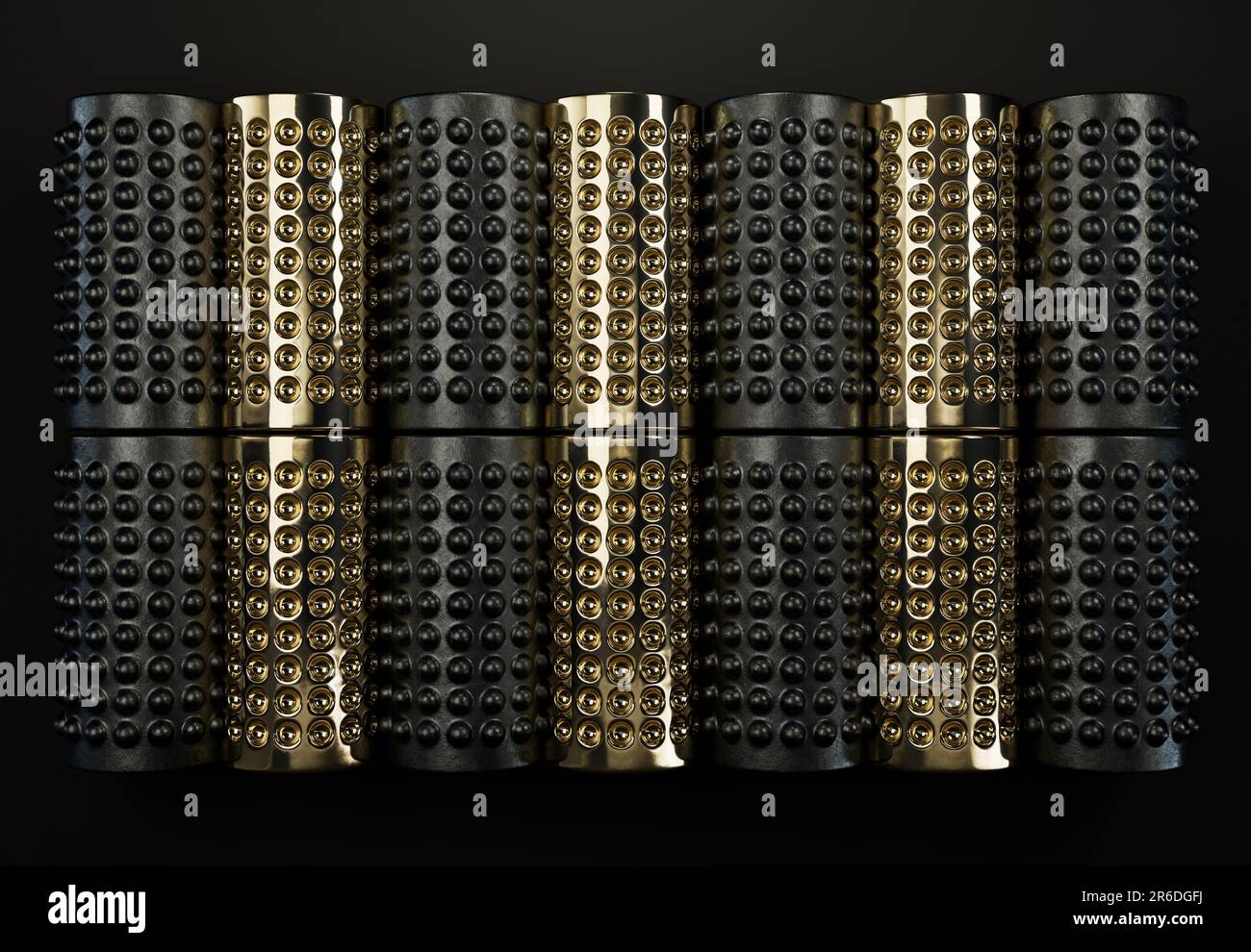 Conceptual abstract series of iron and gold colored 3D illustrated ...