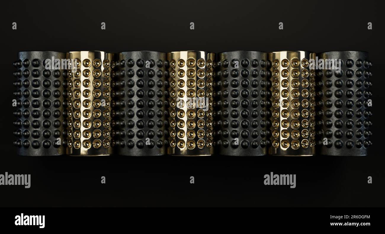 Conceptual abstract series of iron and gold colored 3D illustrated ...