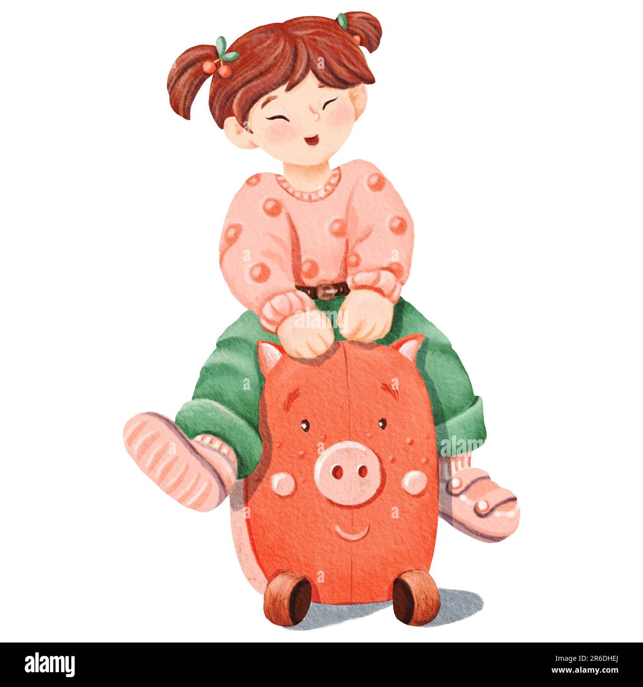 A pretty smiling girl in jeans is sitting merrily. Children's small ...