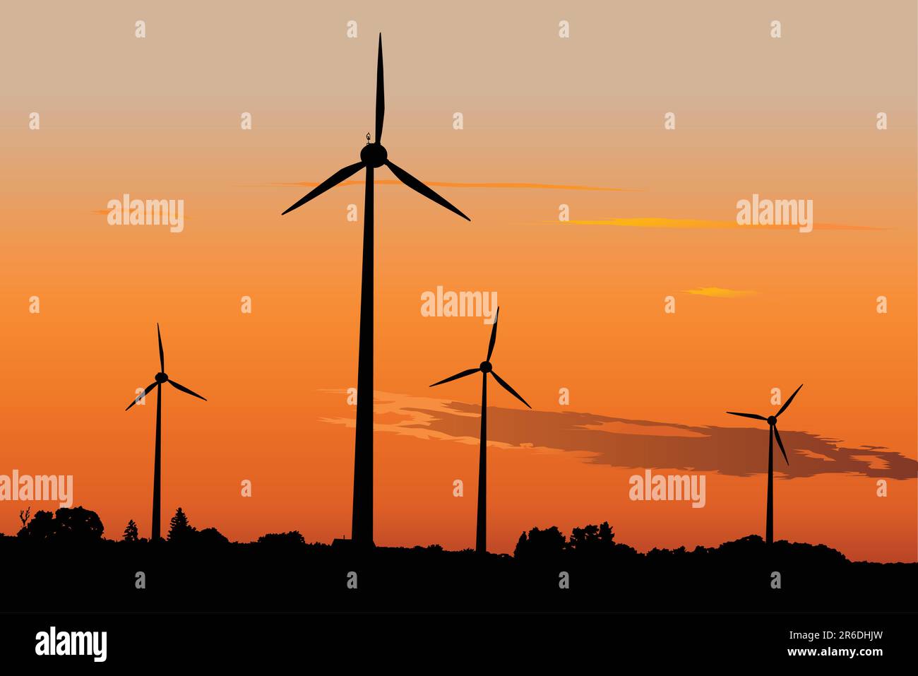 Four windturbines against dramatic sunset producing environment ... Four windturbines against dramatic sunset producing environment ...