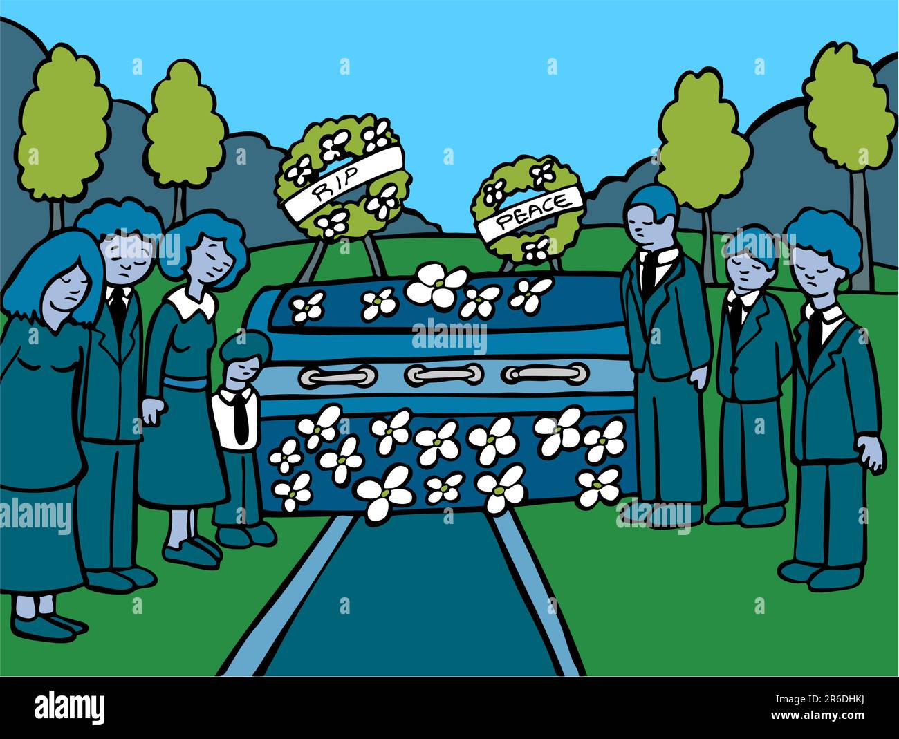 People mourn a lost loved one at an outside funeral - darker colored ...