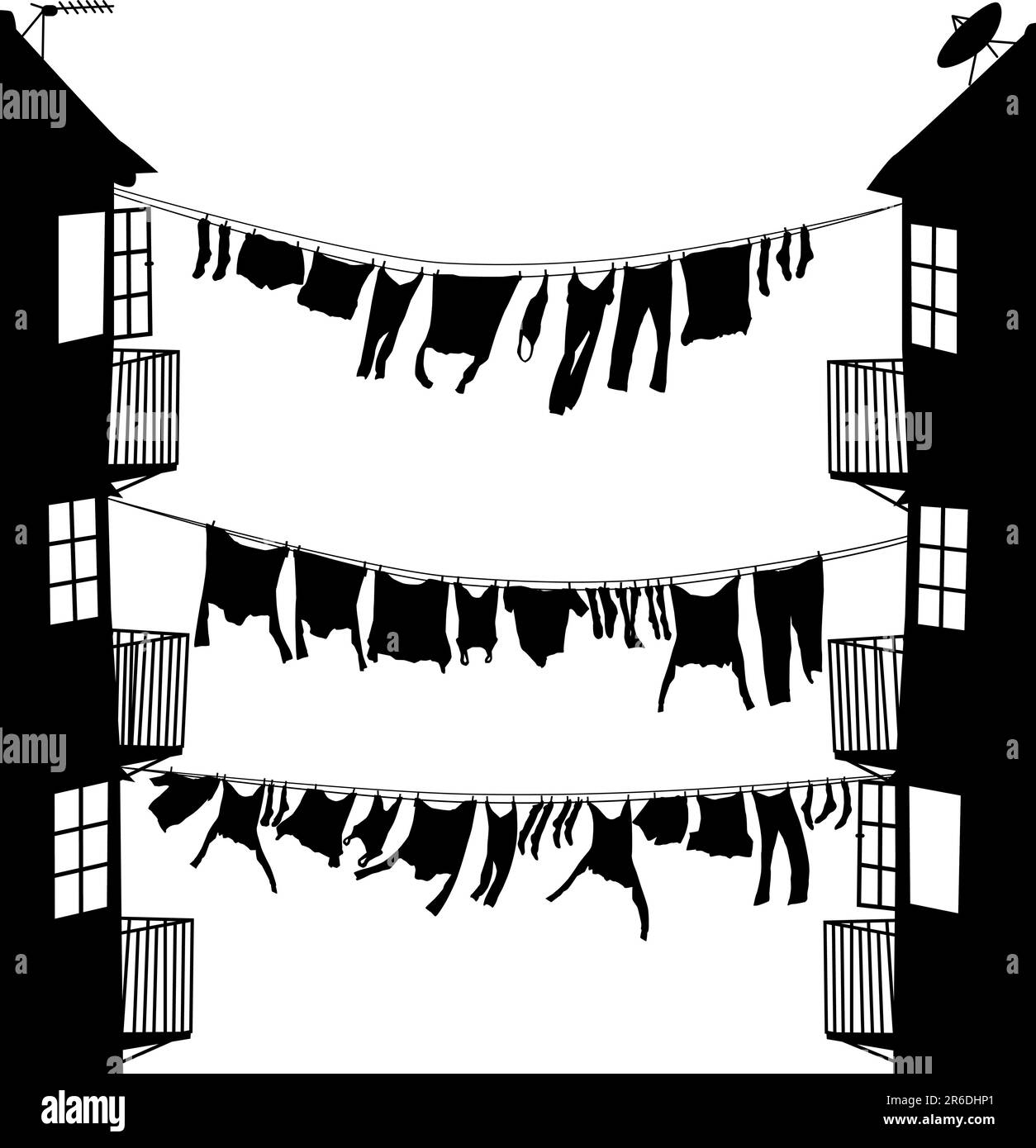 Editable vector silhouette of washing hanging between houses in an ...