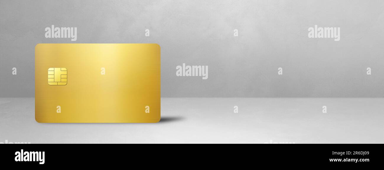 Gold credit card template on a white concrete background. 3D ...