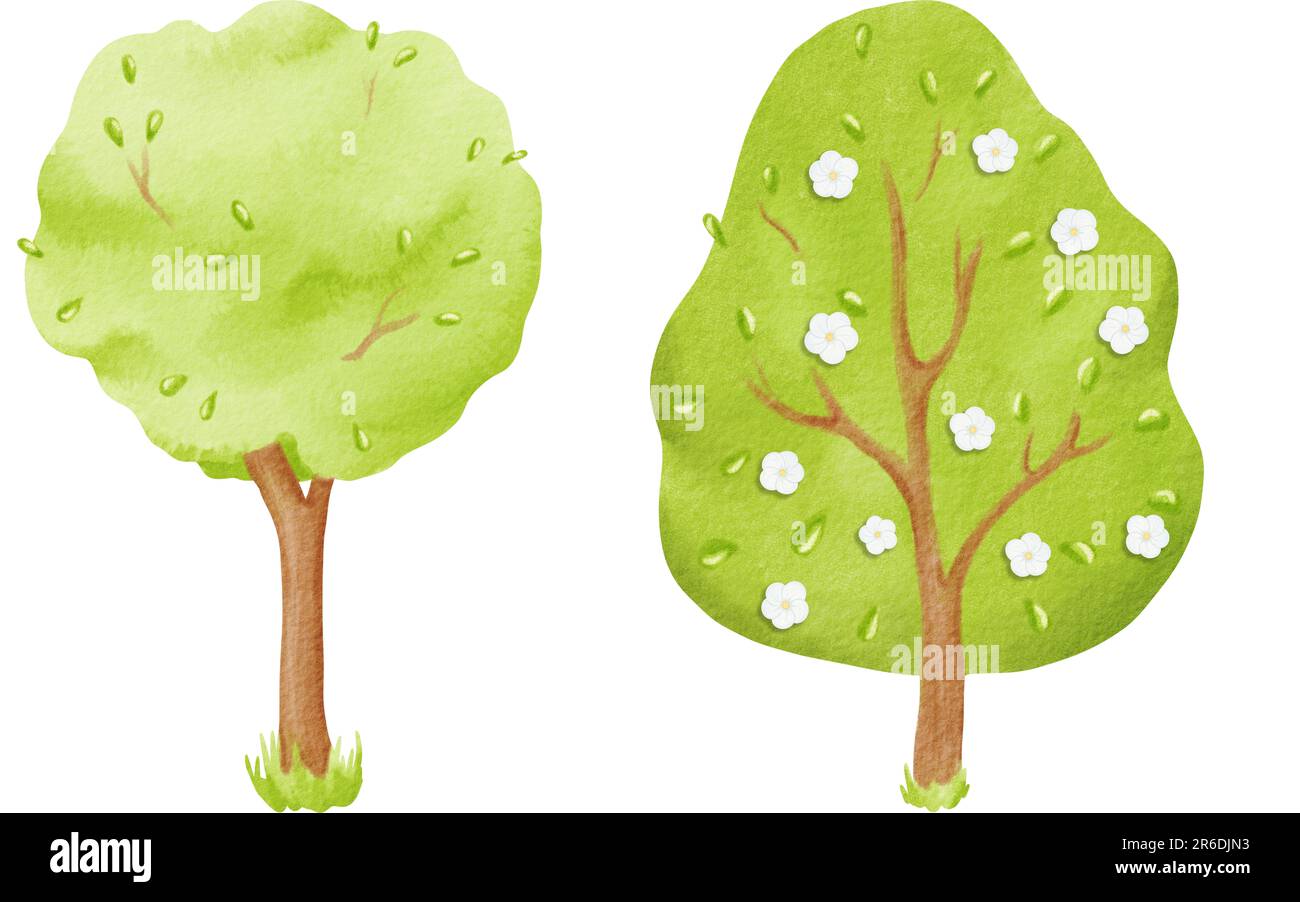 Set of cartoon green summer or spring trees (Blooming, blossoming ...