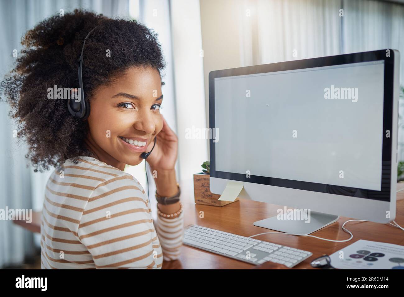 Remote work, computer mockup or black woman in a call center, customer ...