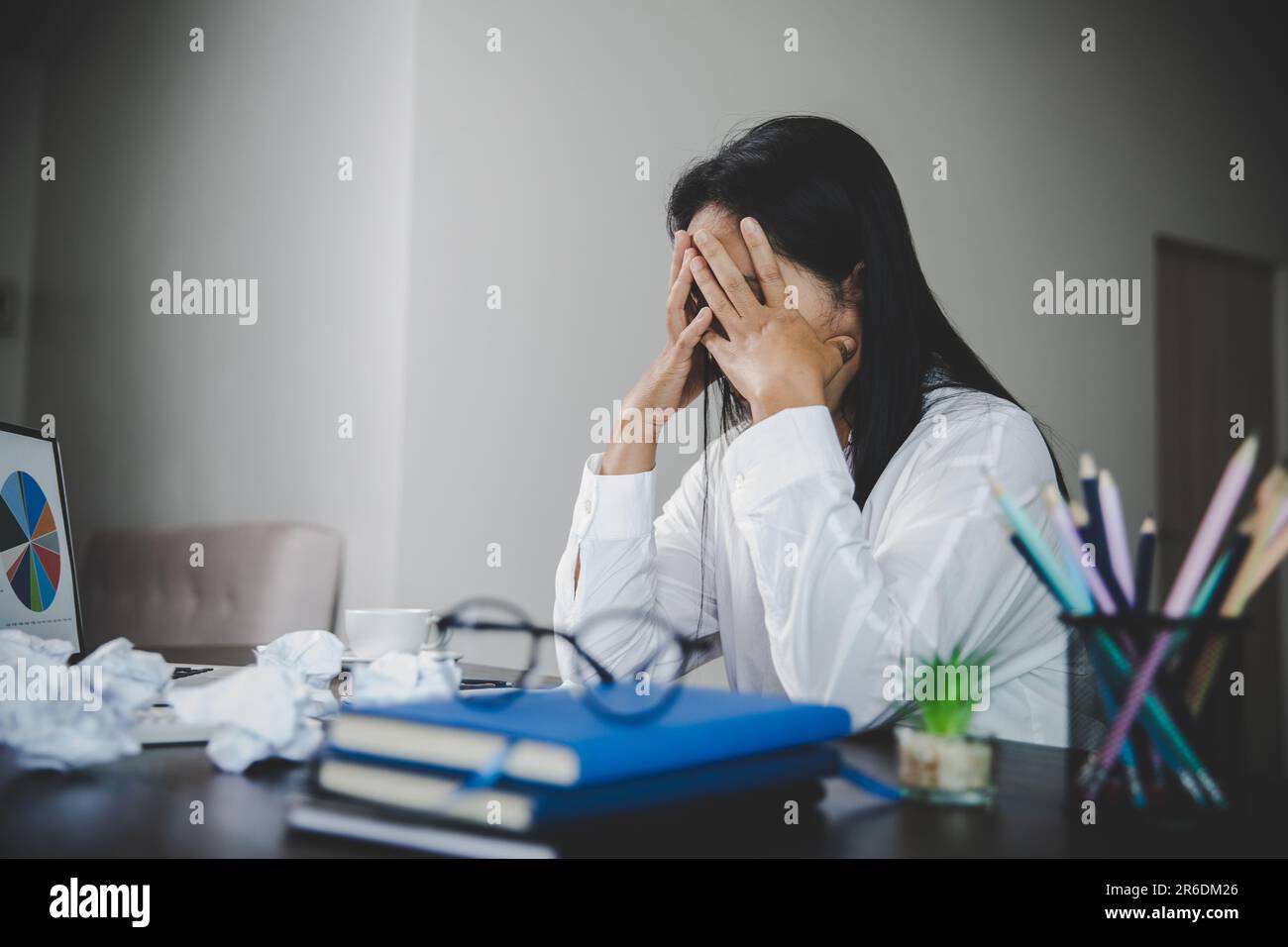 Stress business woman person from hard work, depression in office ...