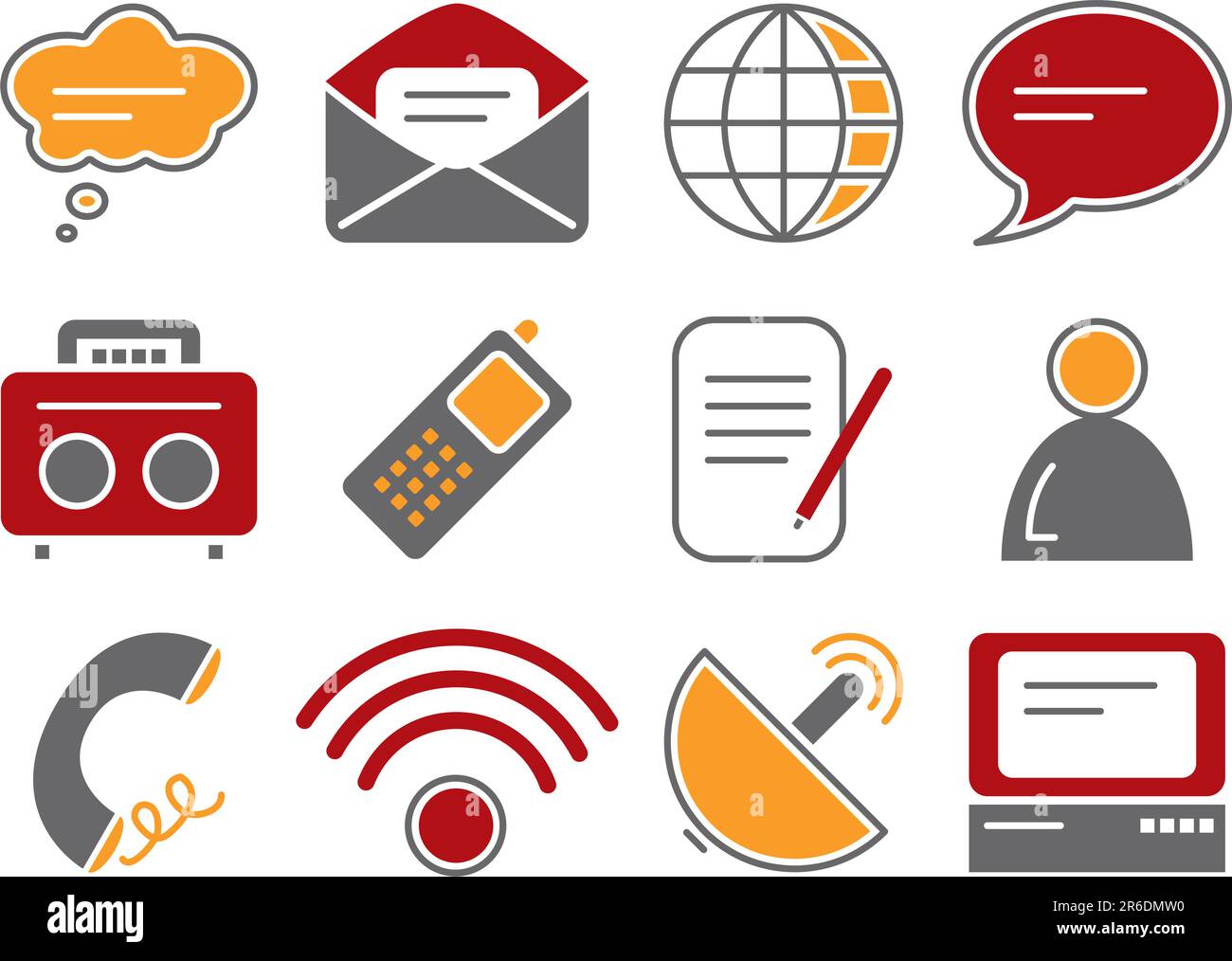 Vector Illustration Of 12 Different Communication Icons Red And Orange Color Scheme Stock