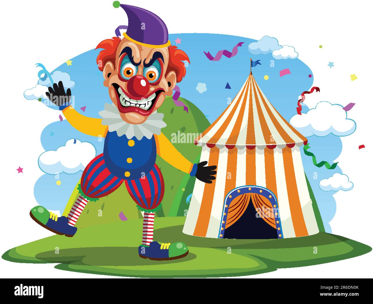 Creepy clown with circus tent background illustration Stock Vector ...