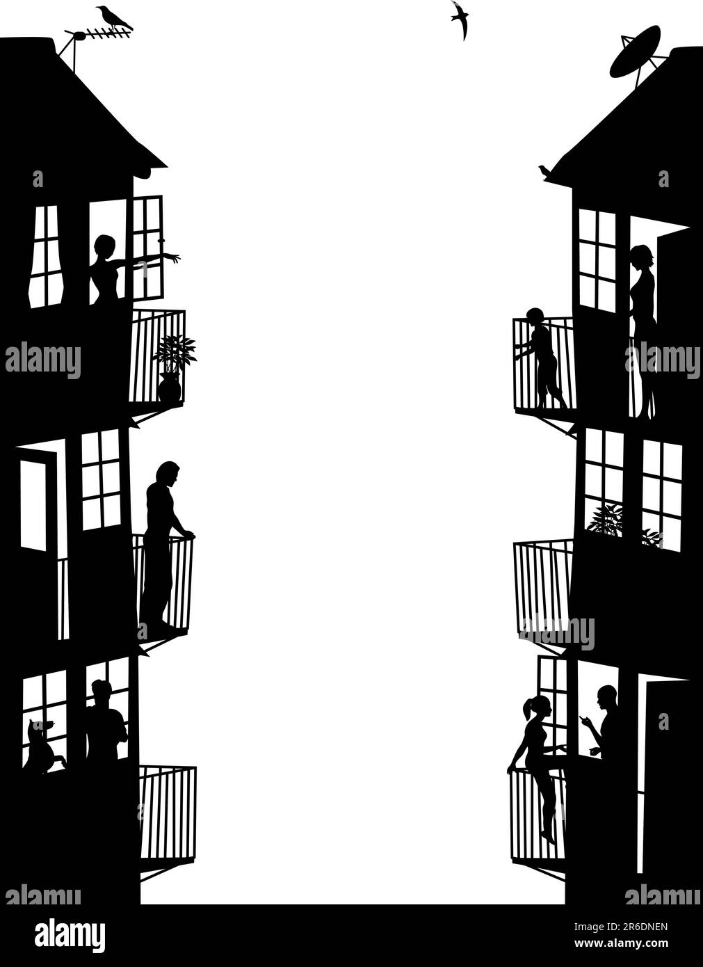 Two side panel silhouettes of blocks of flats with figures as separate ...