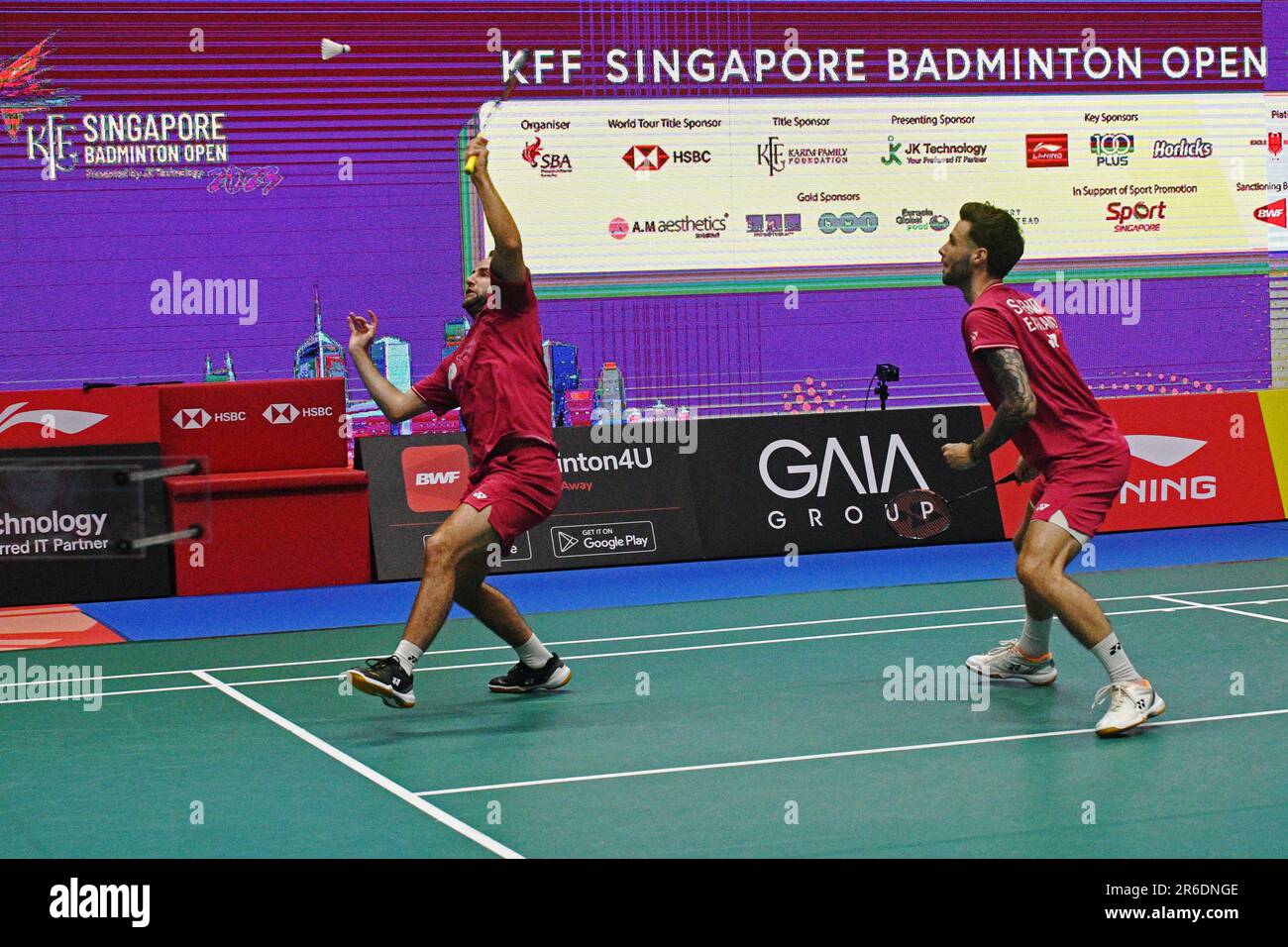 Singapore. 9th June, 2023. Ben Lane (L)/Sean Vendy compete during the men's doubles quarterfinal ...