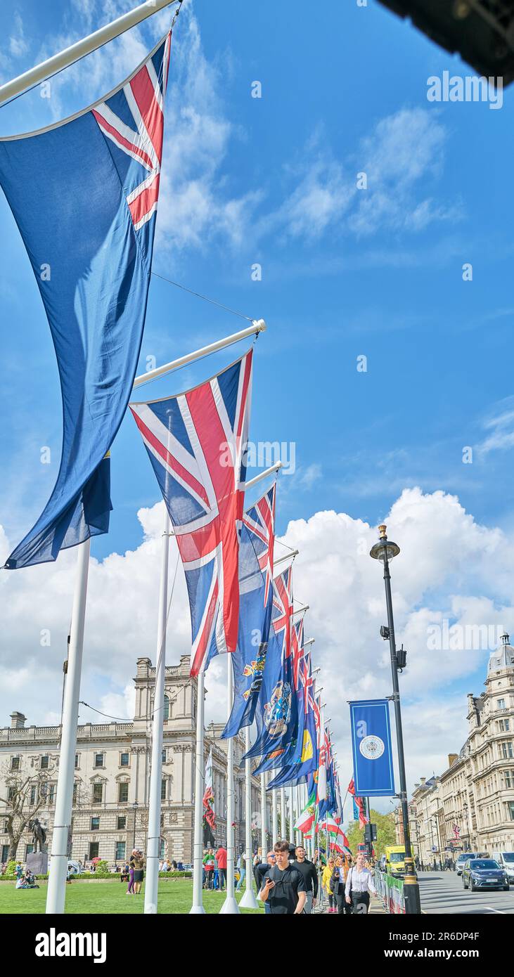 Flags flying on Parliament Square to celebrate the crowning of King ...