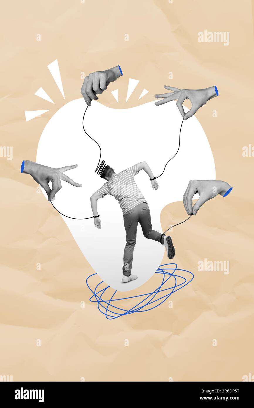 Composite collage image of hands manipulate control headless man puppet ...