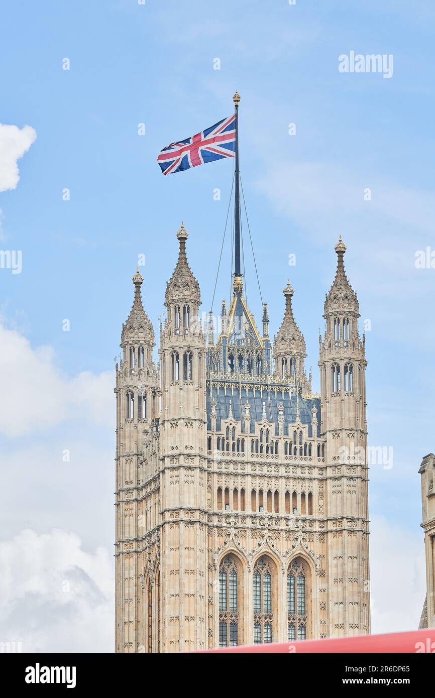 Union Jack flag flying above the Sovereign's Tower, Houses of ...