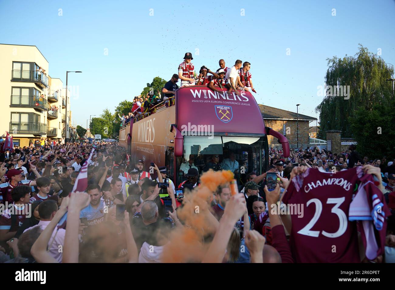 West Ham United players celebrate during an open top bus parade ...