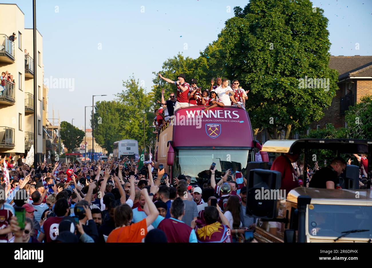 West Ham United players celebrate during an open top bus parade ...