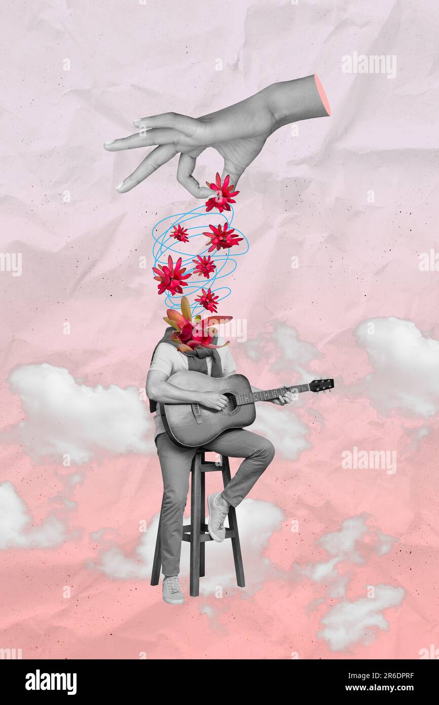 Vertical collage of black white effect arm hold fresh flowers connected ...