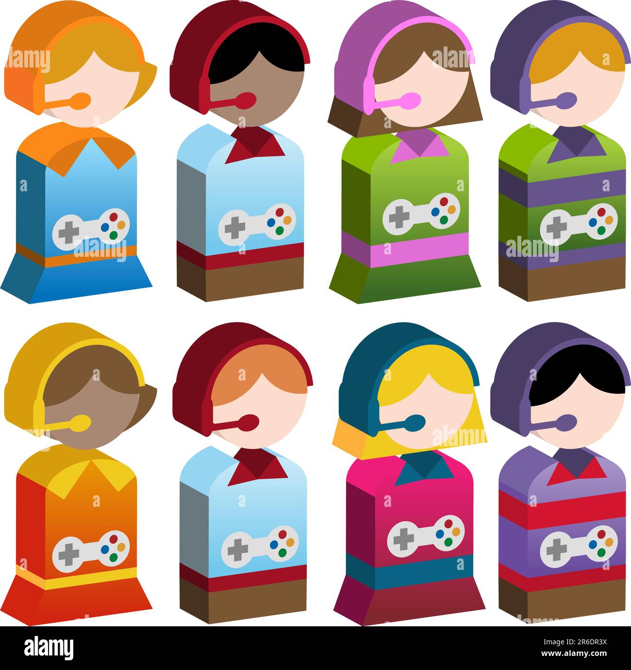 Set of 3d diverse kids playing video games online with headsets Stock ...