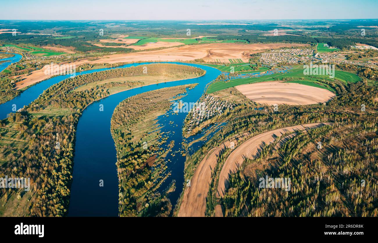 Panorama Aerial View Green Forest Woods And River Landscape In Sunny ...
