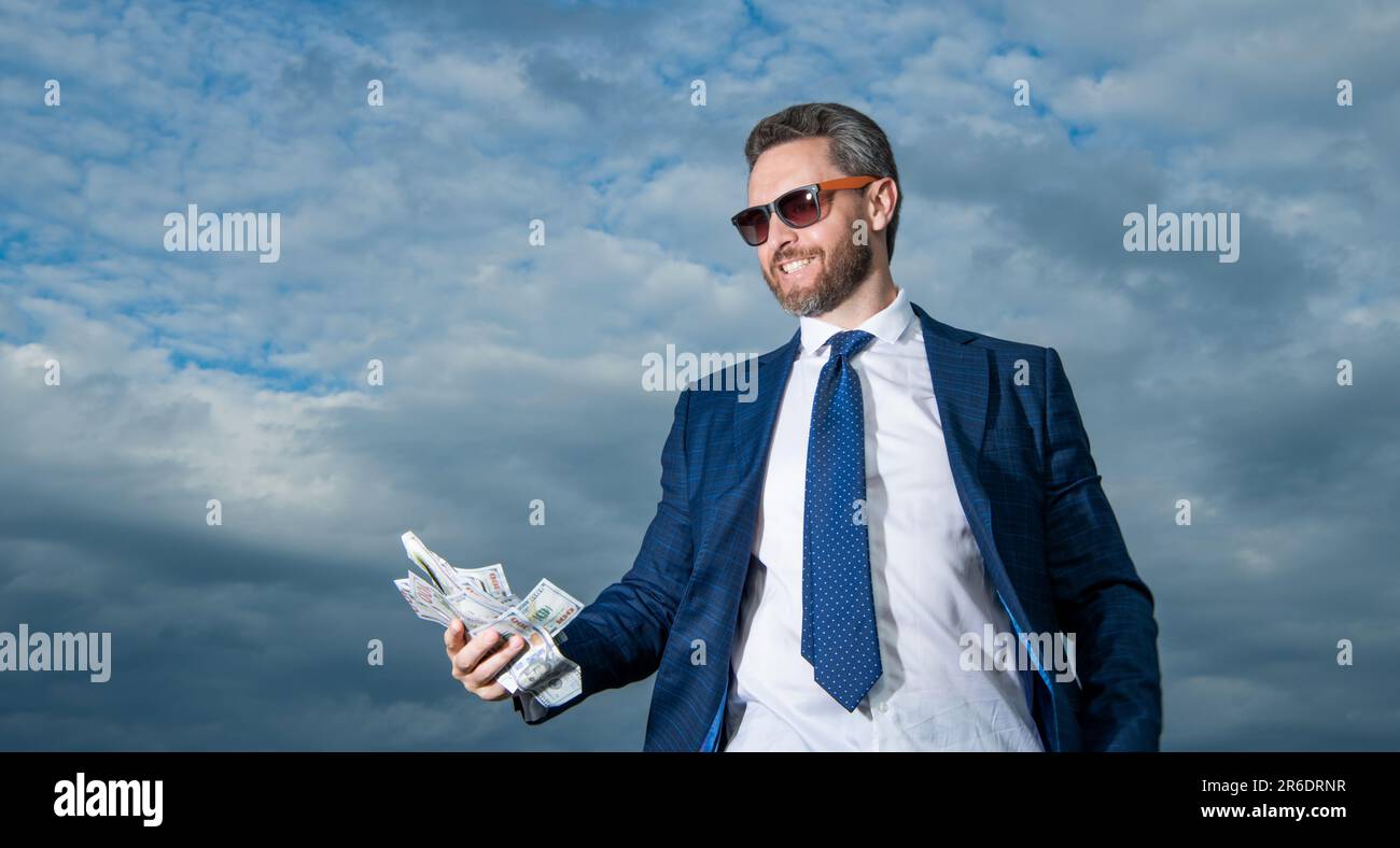 rich millionaire man with money in suit, banner. rich millionaire man ...