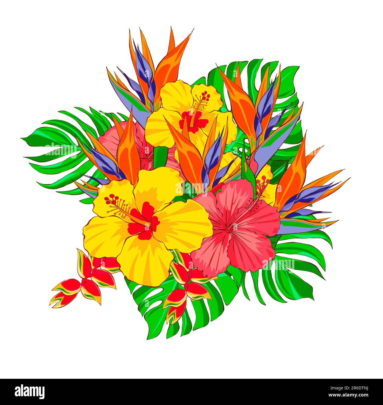Tropical flowers and leaves bouquet. Hand drawing illustration ...