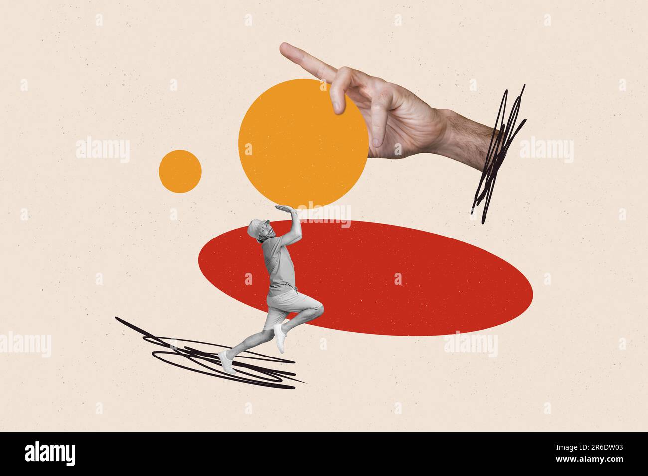 Collage picture of positive mini black white colors guy resist huge arm ...