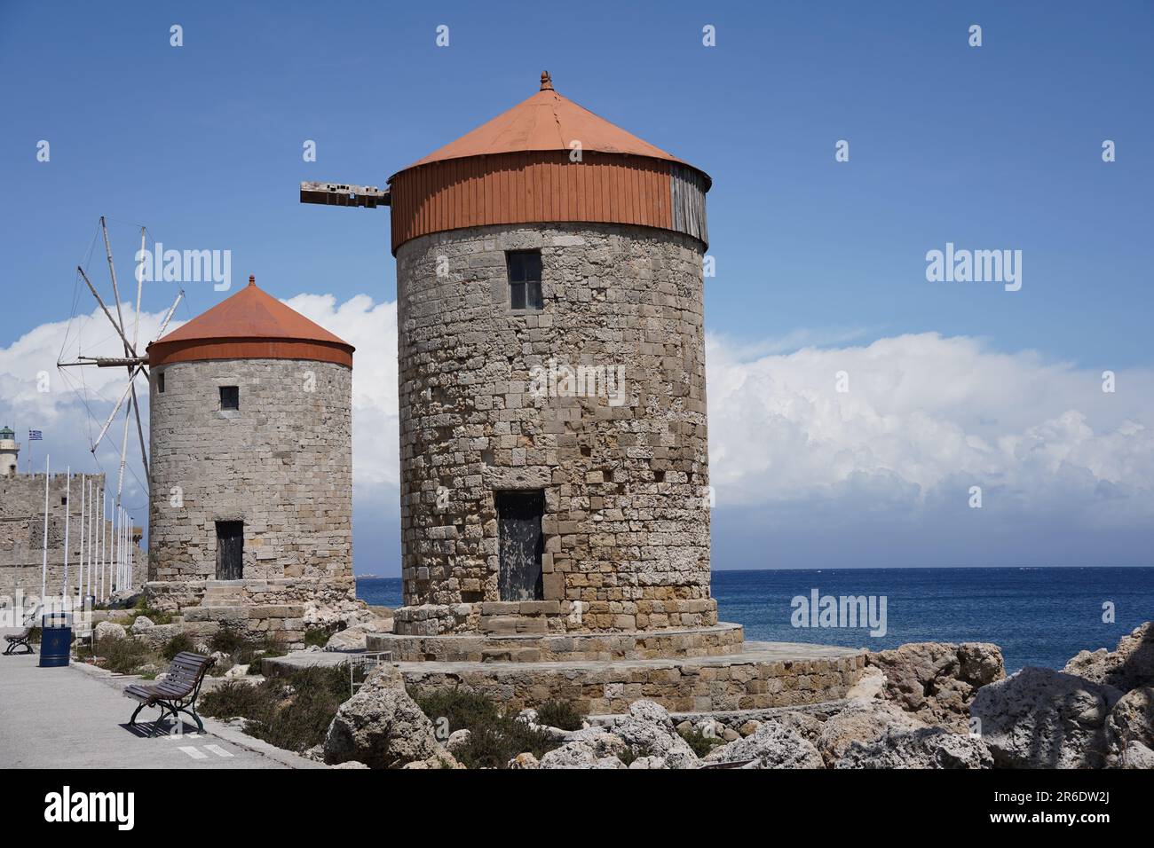 Medieval windmills of Rhodes town. Mandraki Harbour in the Dodecanese ...
