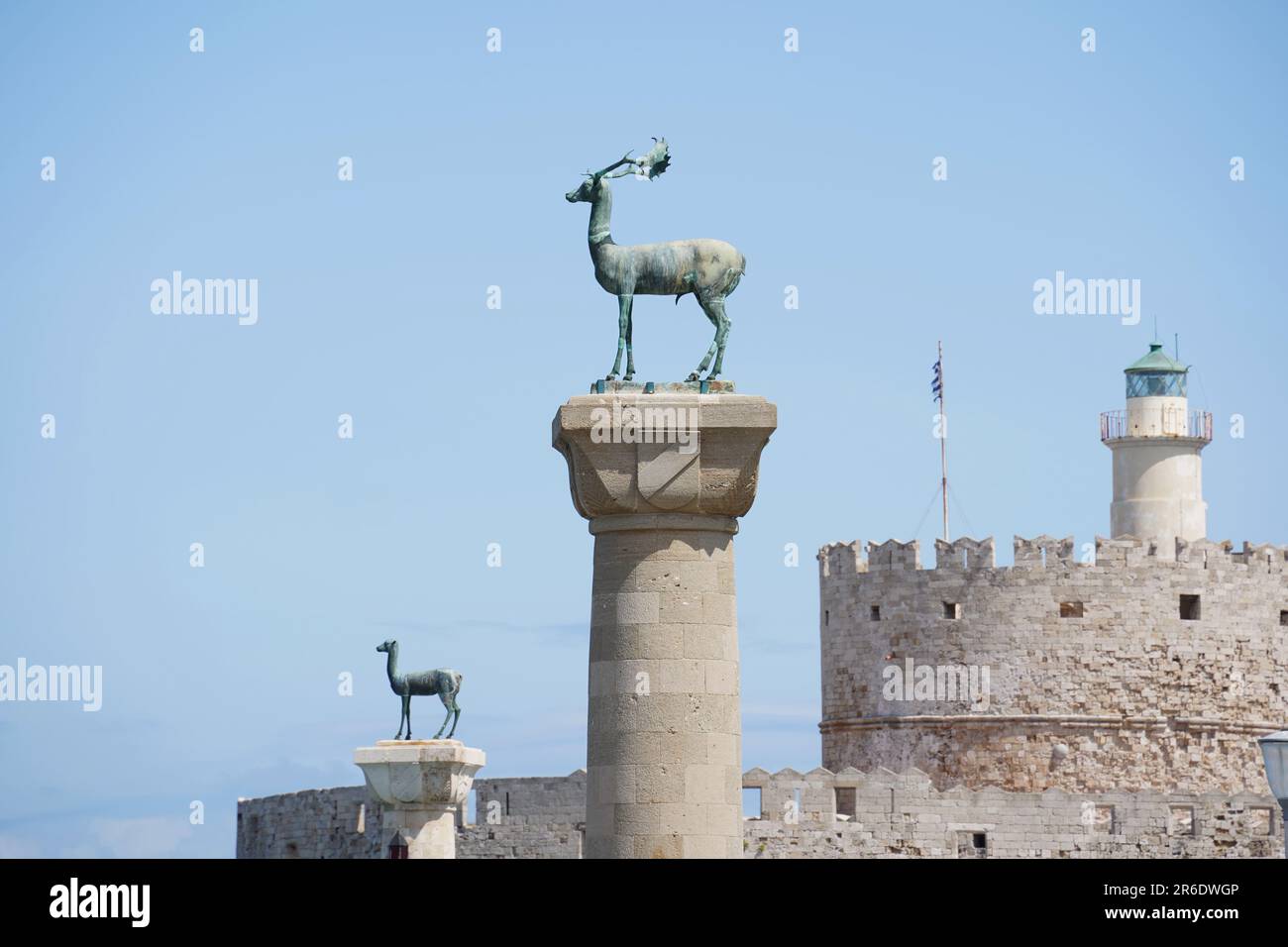 Entrance to Rhodes town Mandraki Port, island of Rhodes Greece. The ...