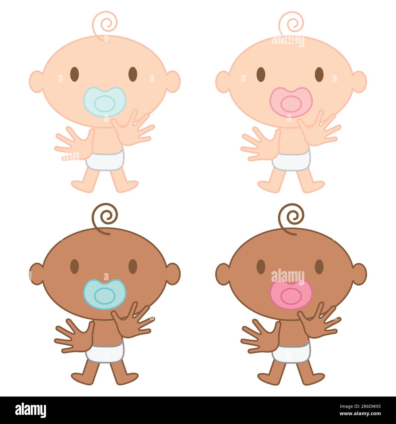 Vector illustration of multicultural babies (boy and girl) waving their ...