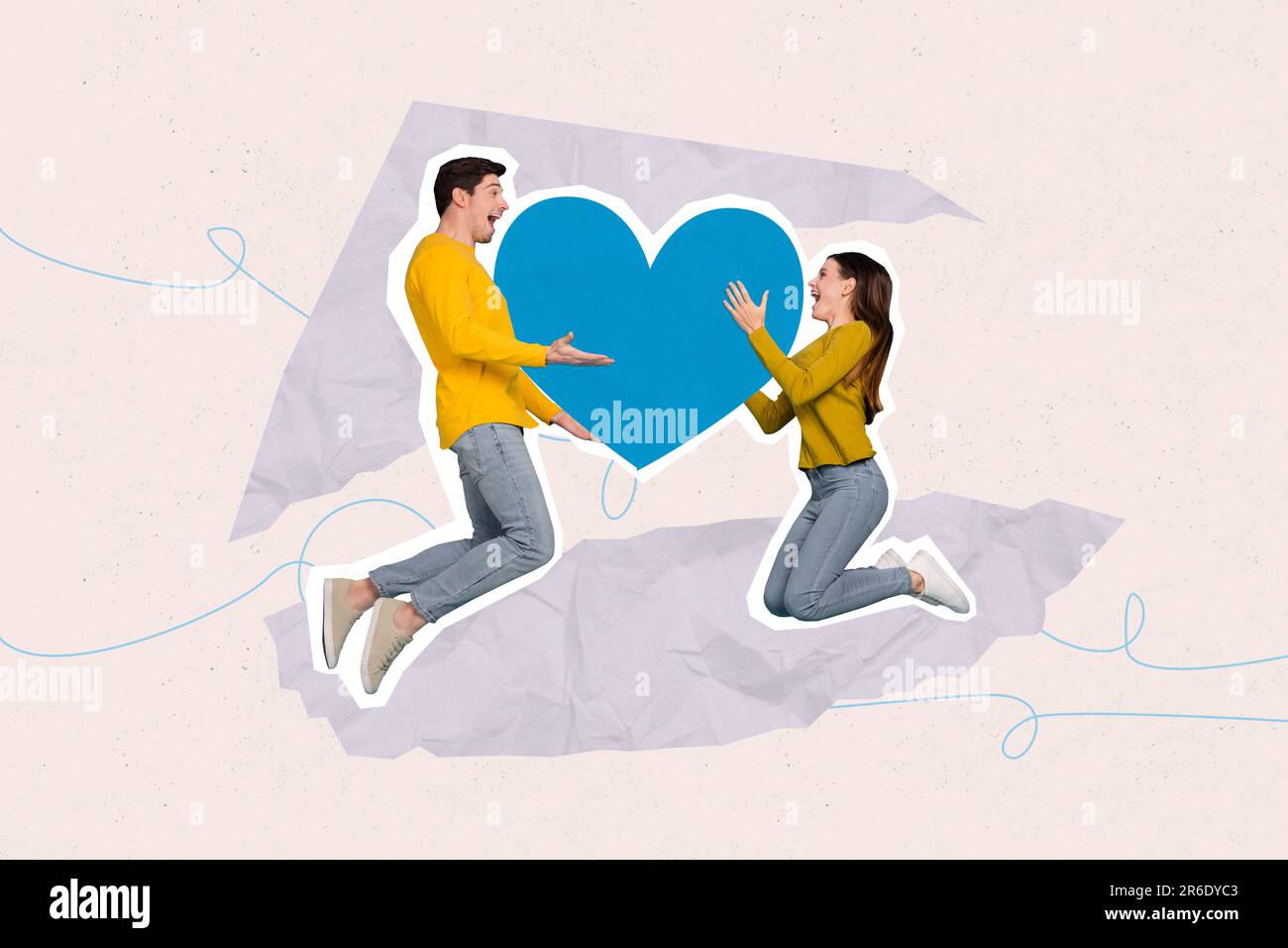 Collage picture of two positive excited partners jumping arms hold huge ...