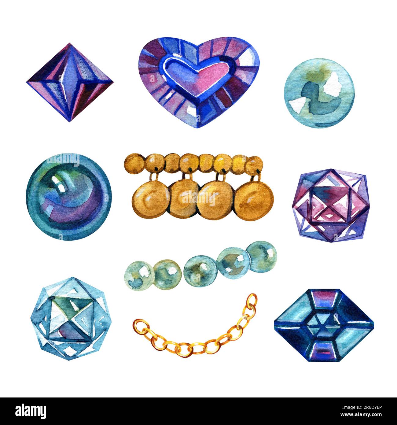 Watercolor gems, pearl, gold collection isolated on white background ...