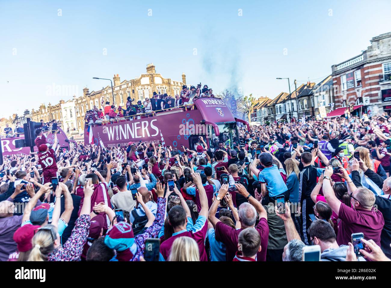 Supporters at West Ham Utd football team's open top bus victory parade ...