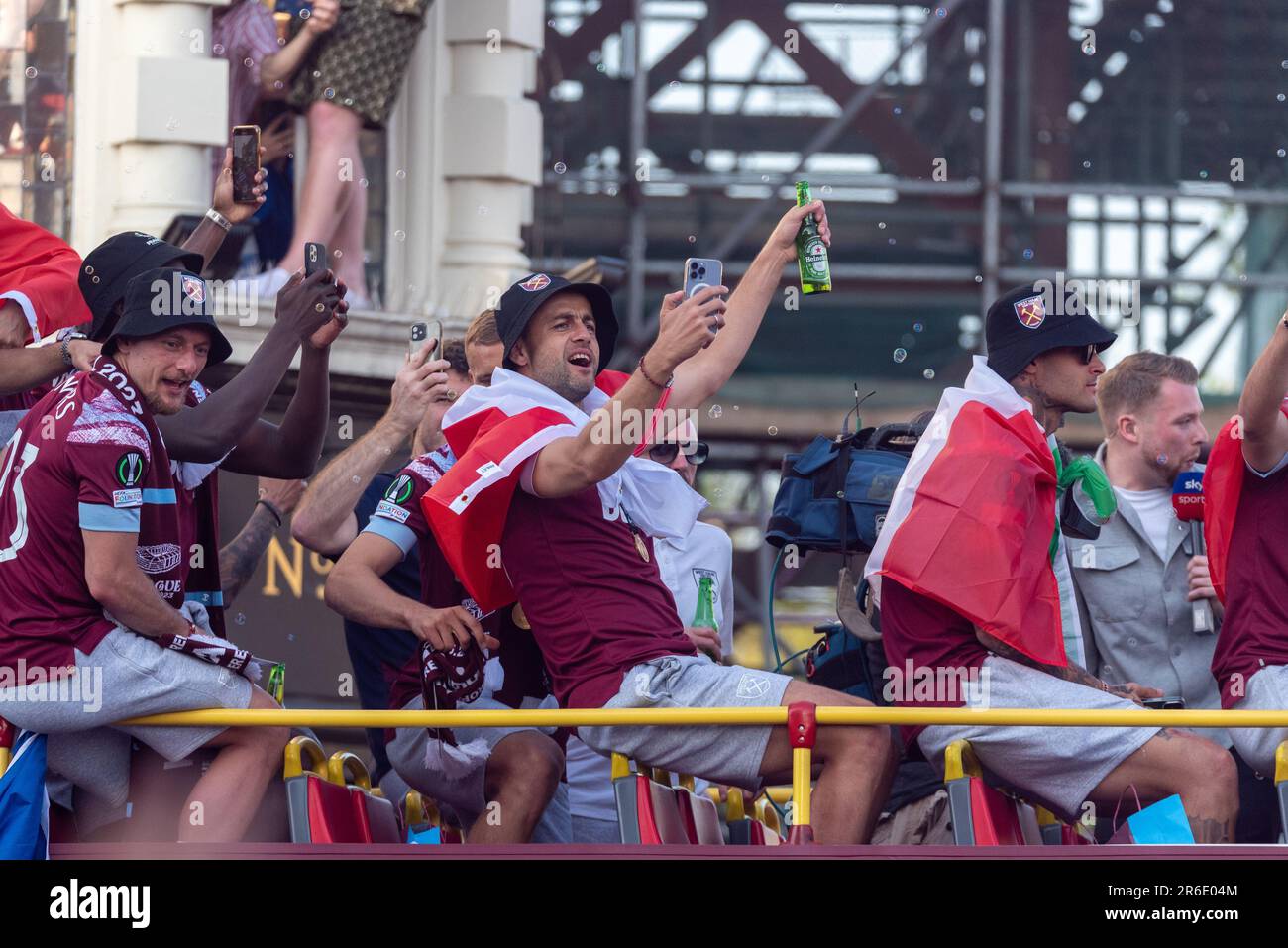 Players at West Ham Utd football team's open top bus victory parade to ...