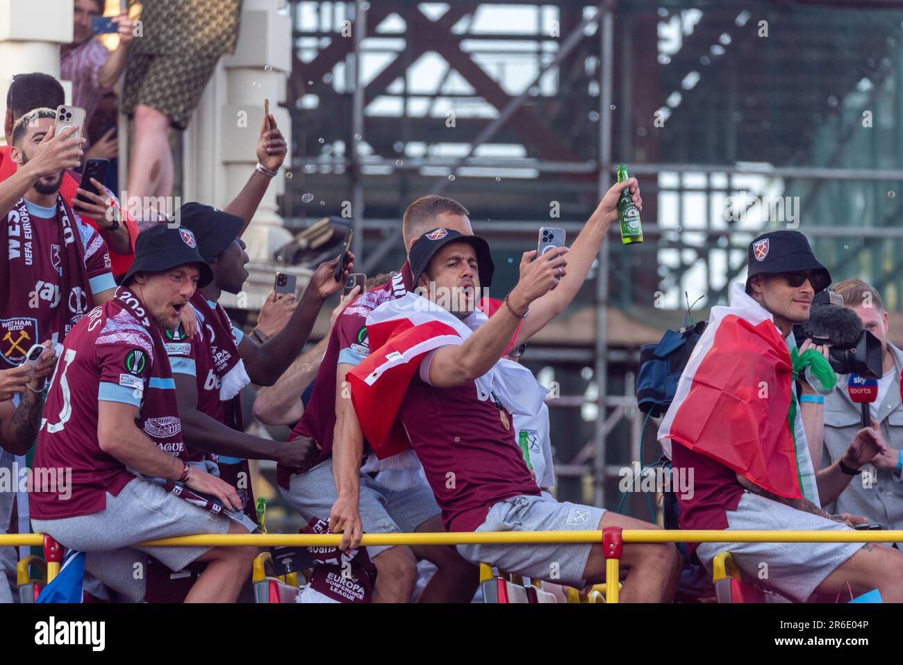 Players at West Ham Utd football team's open top bus victory parade to ...