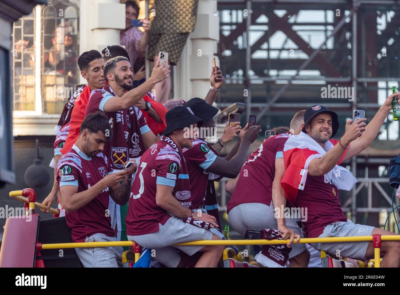 Players at West Ham Utd football team's open top bus victory parade to ...